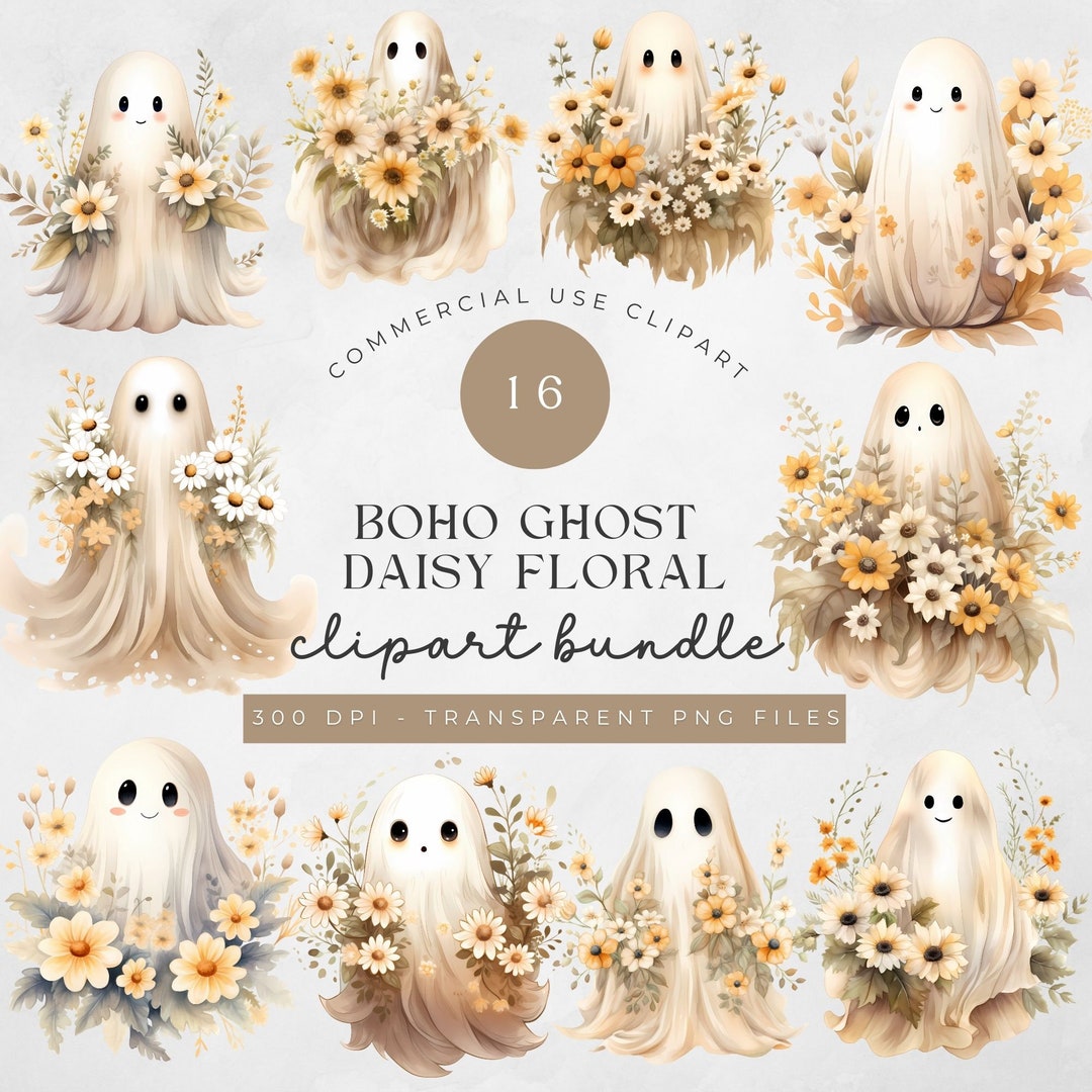 Boho Floral Ghost Clipart Bundle, Halloween, Autumn Leaves PNG ...