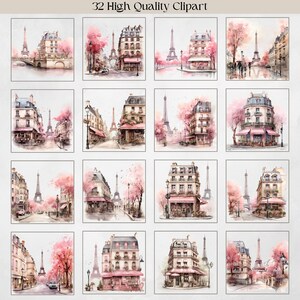32 Pink Paris Clipart Bundle | PNG Watercolor Romantic Paris | French ...