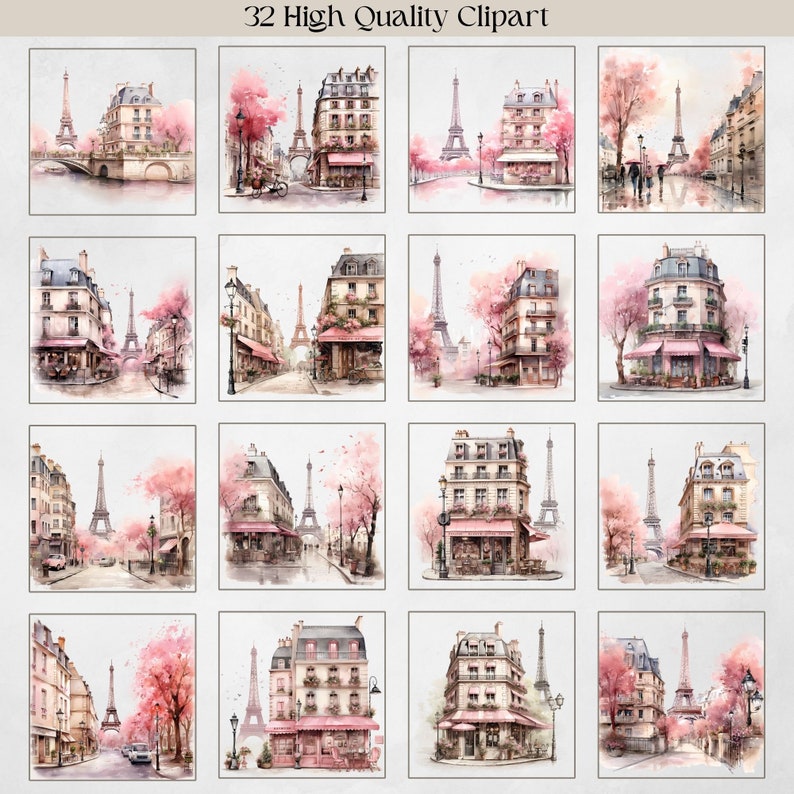 32 Pink Paris Clipart Bundle PNG Watercolor Romantic Paris French ...