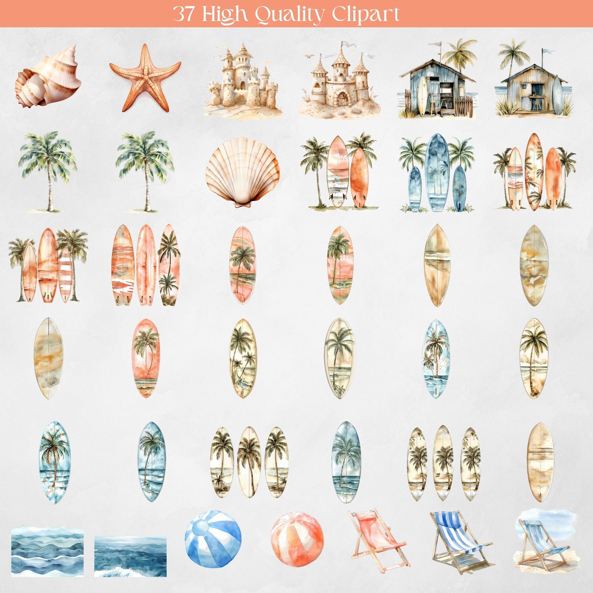 Watercolor Surfboard Clipart Beach Surfing Graphics Beach Clipart ...