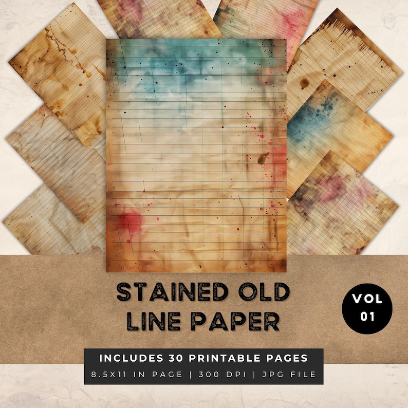 Grungy Stained Old Lined Papers, Neutral Junk Journal Pages, 8.5x11 ...