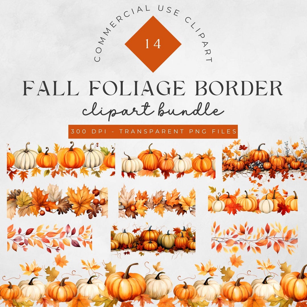 Watercolor Pumpkin Leaf Border Clipart Pack Seamless Autumn Borders ...