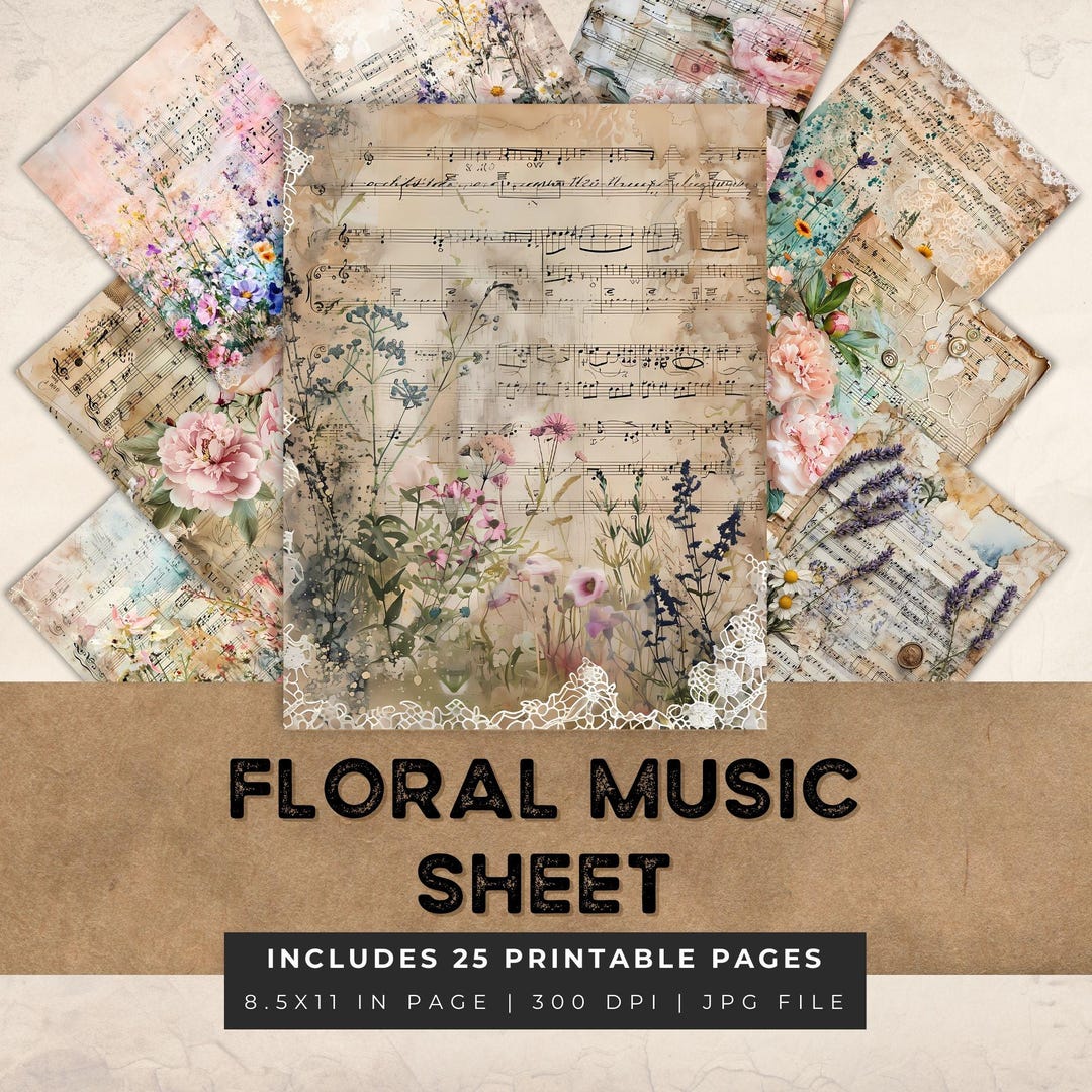 Vintage Floral Music Sheets Collage, Printable Junk Journal Pages ...