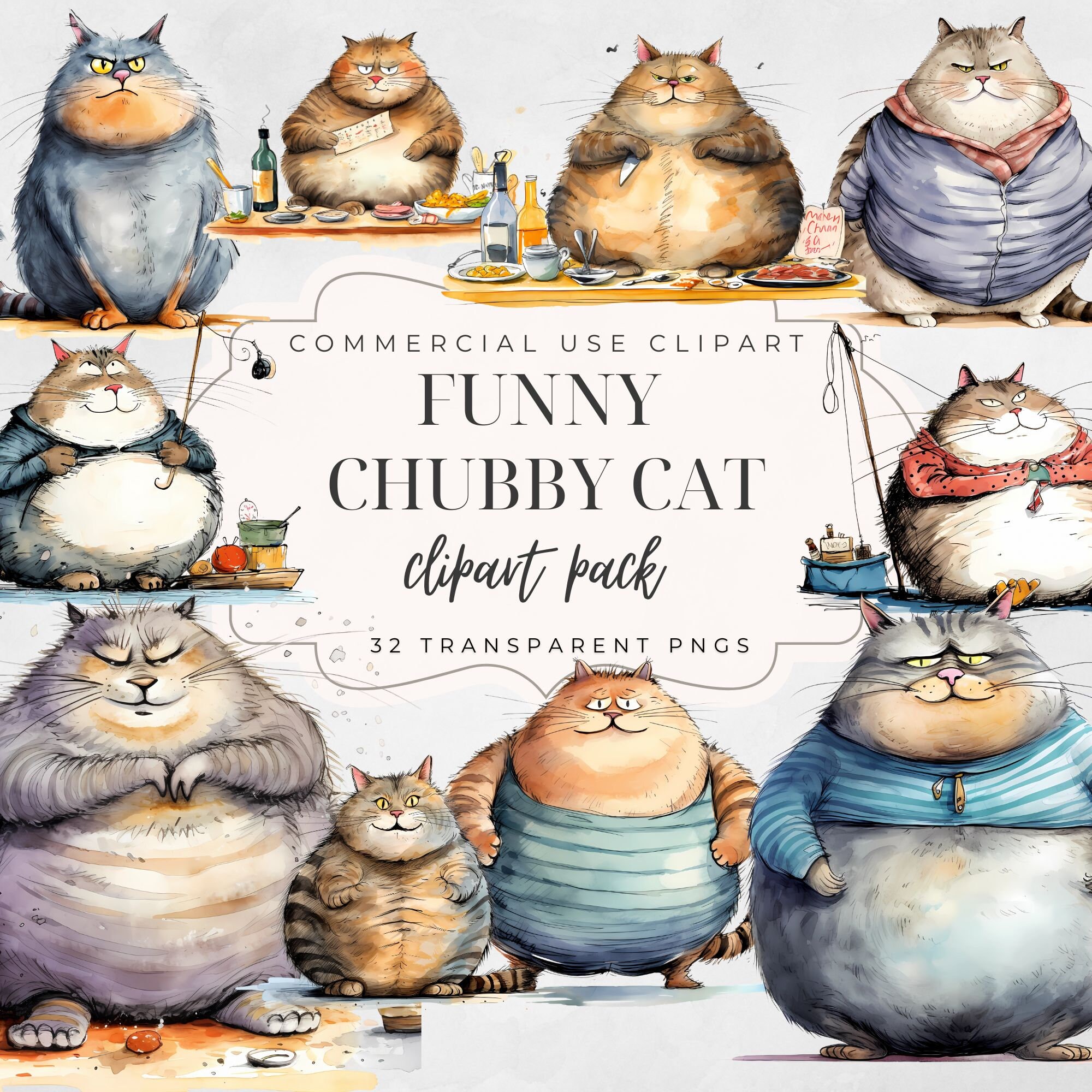Funny Chubby Cat Clipart Bundle 32 High Quality 300DPI Images ...