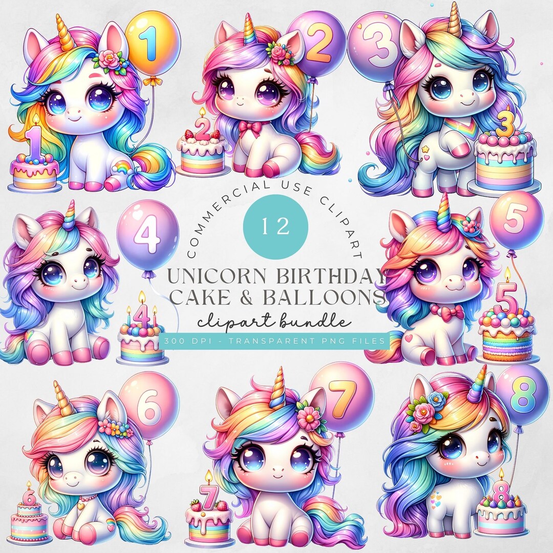 Watercolor Birthday Unicorn Clipart Cute Party Unicorns With Balloons ...