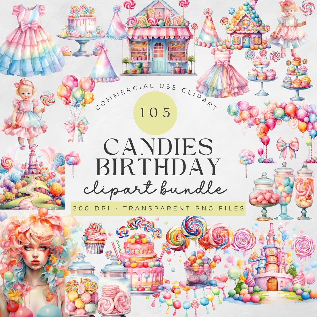 105 Watercolor Candy Birthday Theme Clipart Bundle | Sweet Macarons ...