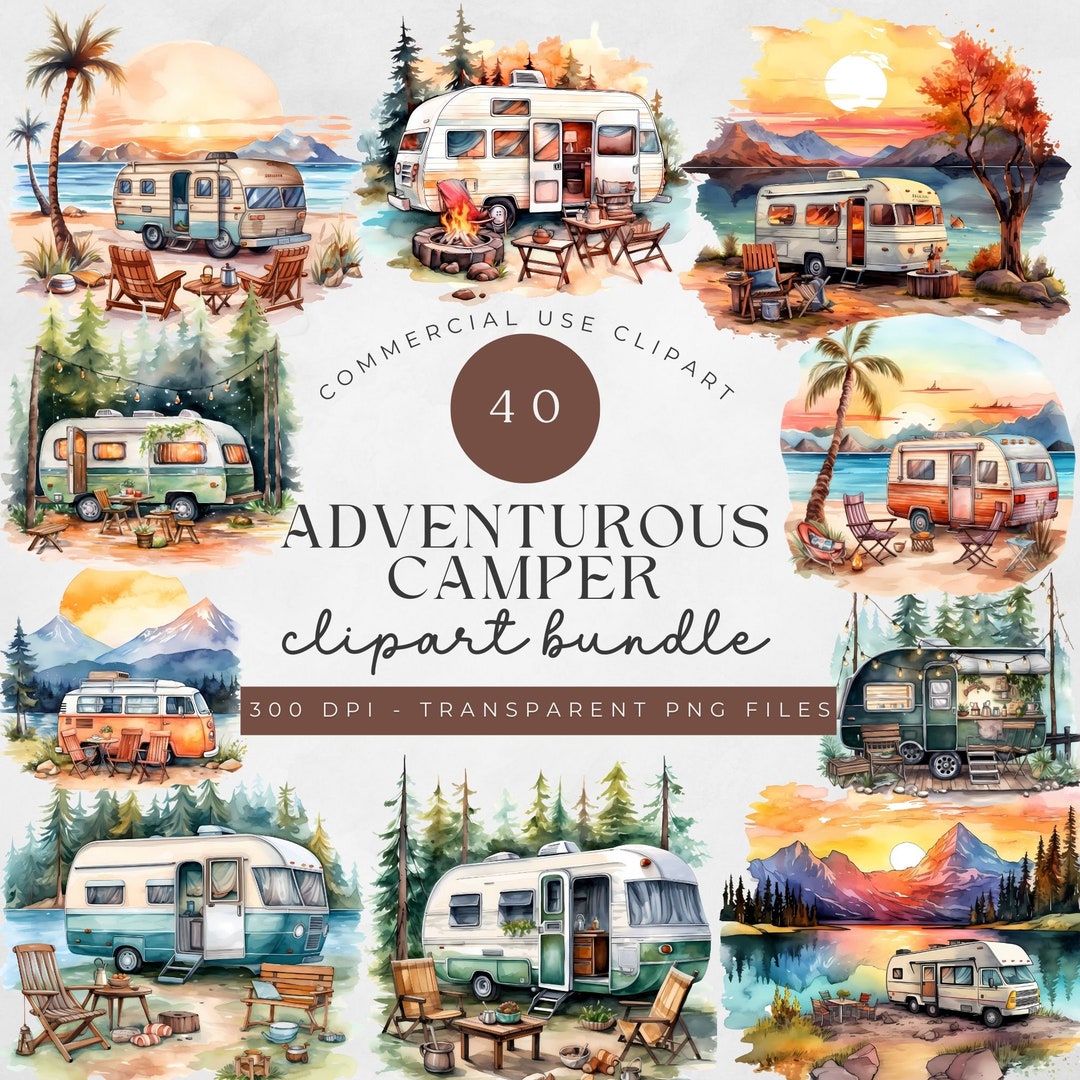 Watercolor Camper Van Clipart, Adventure Van Clipart, Magical Camping ...