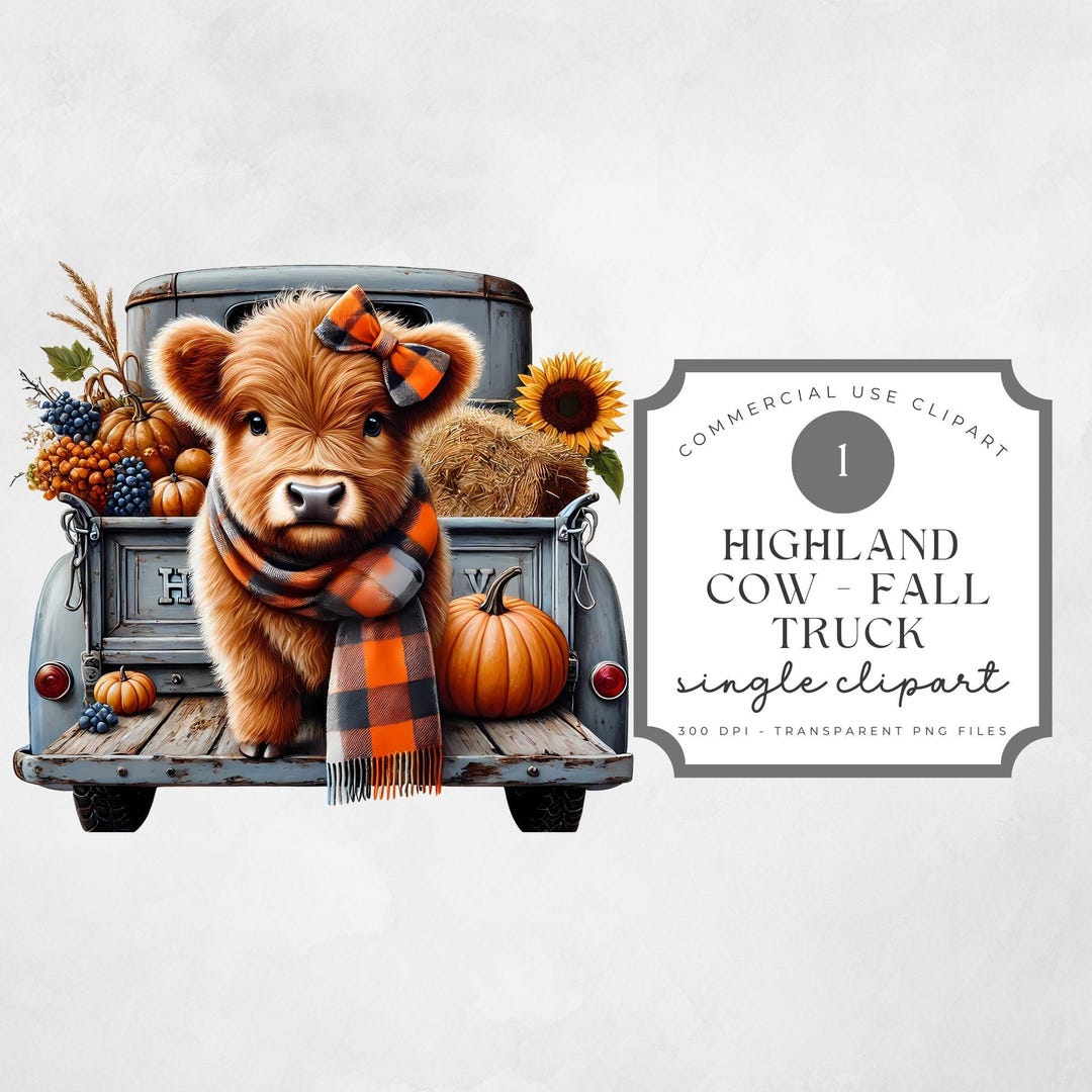 Watercolor Autumn Highland Cow Clipart Bundle, 1 PNG, Baby Animal ...