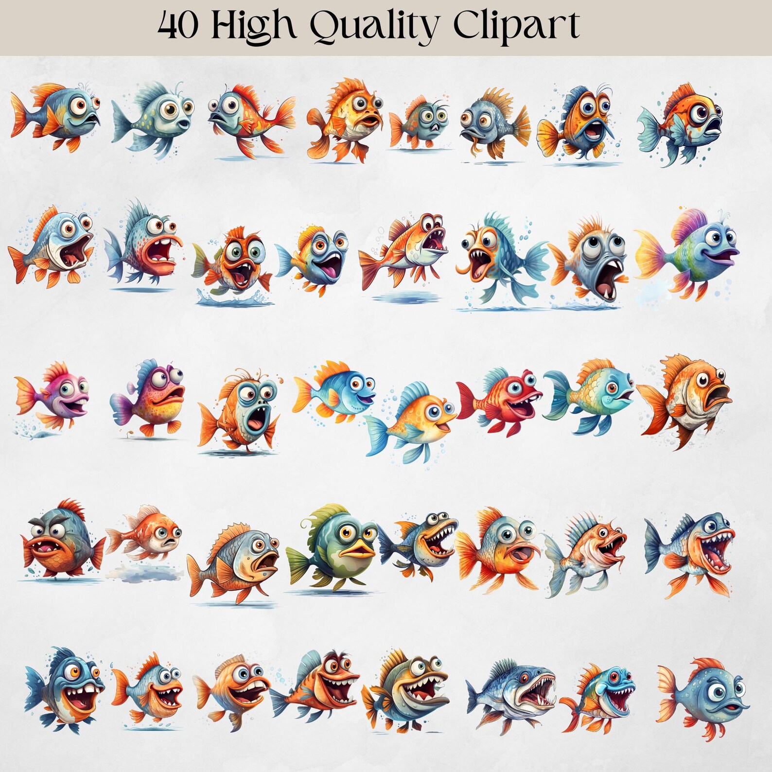 40 Funny Fish Clipart Bundle Quirky Fish PNG Transparent Background ...