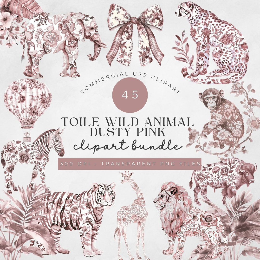 Safari Toile Clipart Bundle Dusty Pink, Baby Shower Toile De Jouy ...