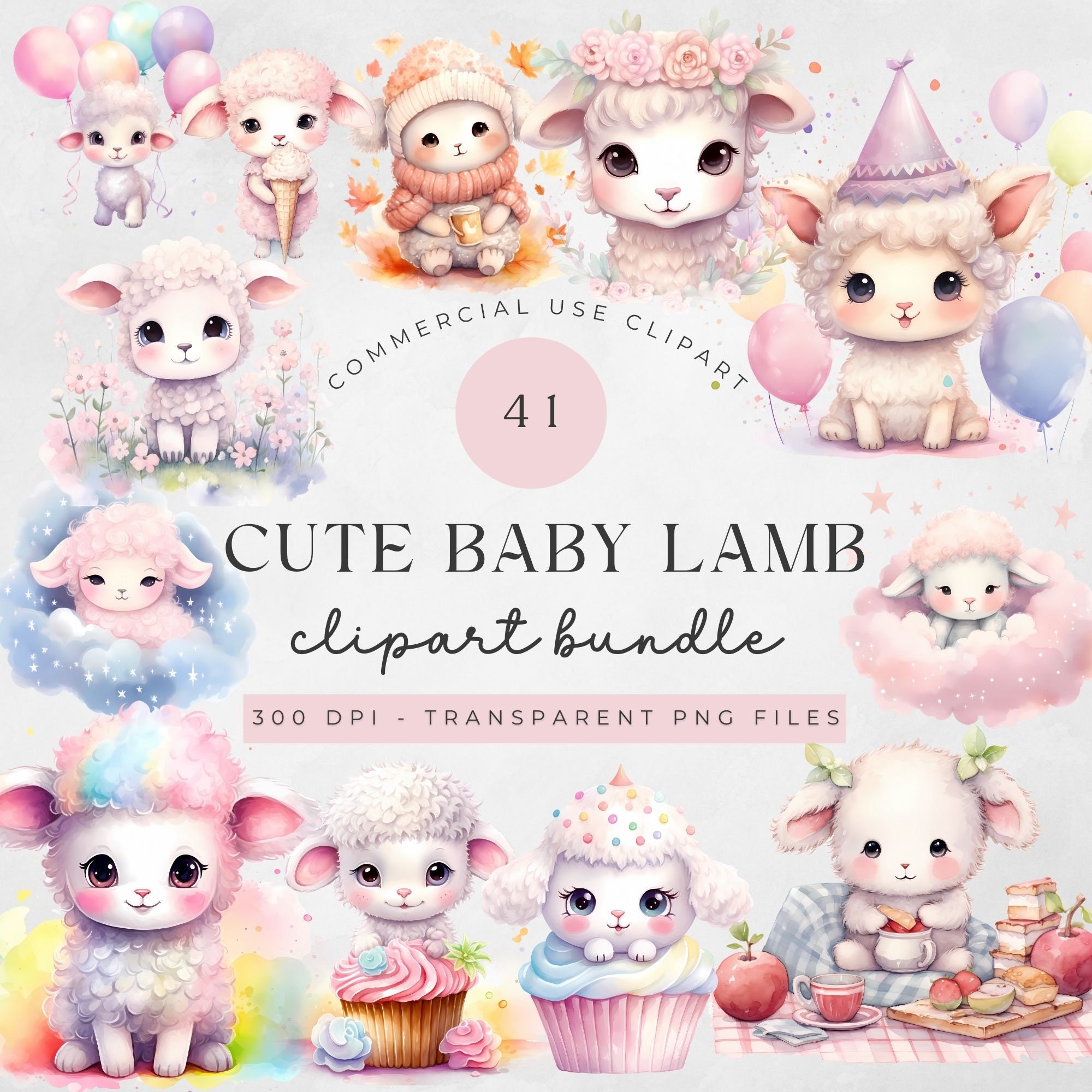 41 Cute Lambs Clipart Bundle, Watercolor Lamb Clipart, Baby Sheep ...