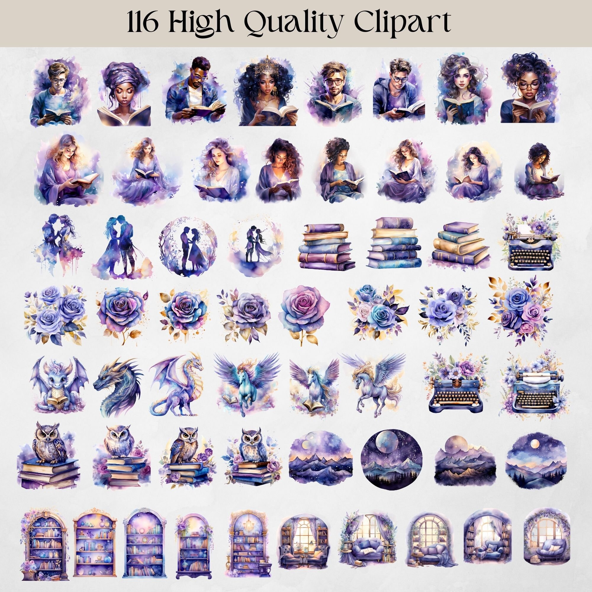 116 PNG Watercolor Fantasy Reading Book Clipart Bundle Watercolour ...