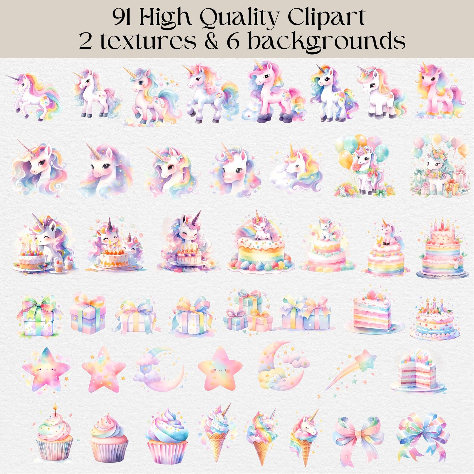 91 Cute Kawaii Unicorn Clipart Bundle Commercial Use PNG Instant ...