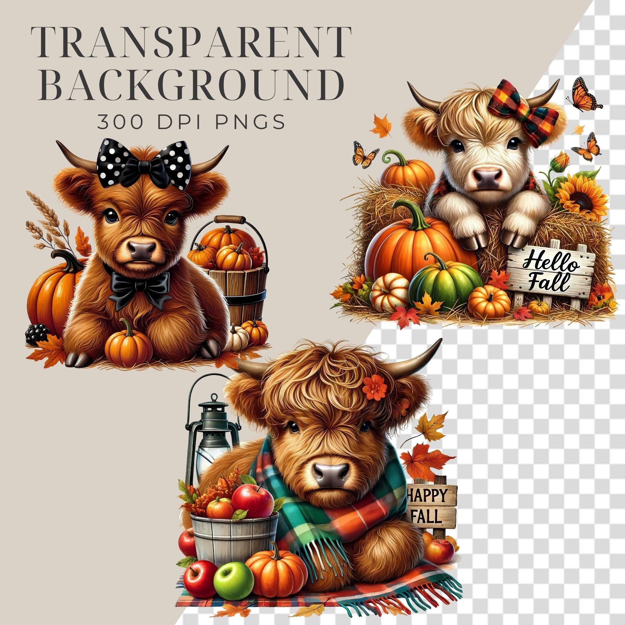 Watercolor Autumn Highland Cows Clipart, 15 PNG Fall Clipart, Pumpkin ...