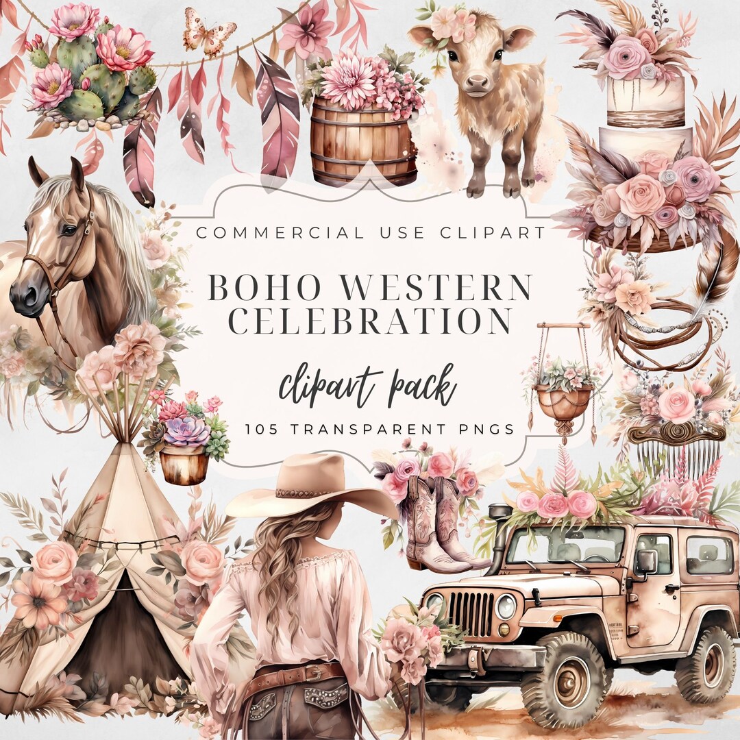 Watercolor Western Clip Art Bundle: Boho Cowgirl PNG Images (105 Files ...