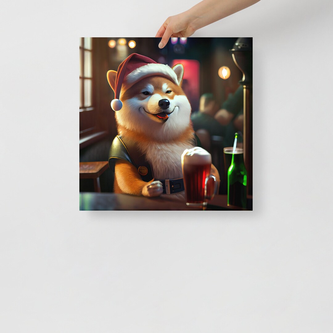 Shiba Inu Santa Drinking a Beer at a Bar - Poster - Etsy