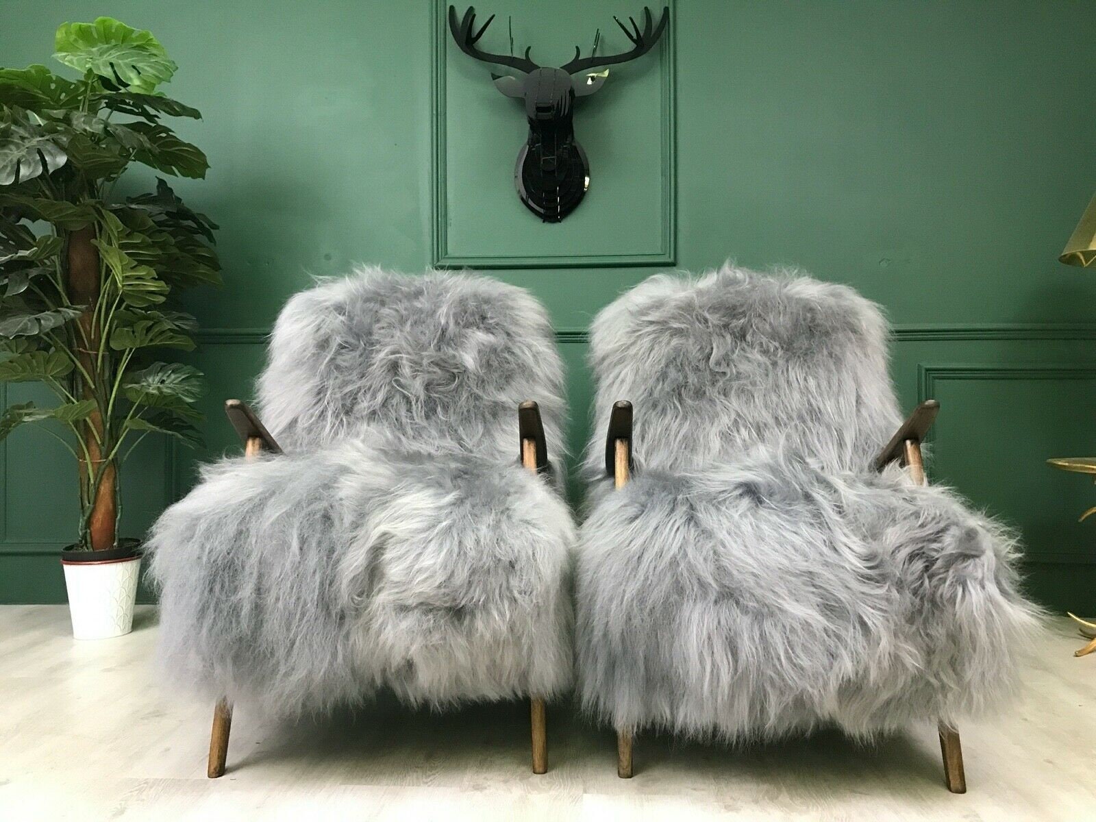 Vintage Art Deco Grey Fluffy Furry Sheepskin Bentwood Armchairs Chairs ...