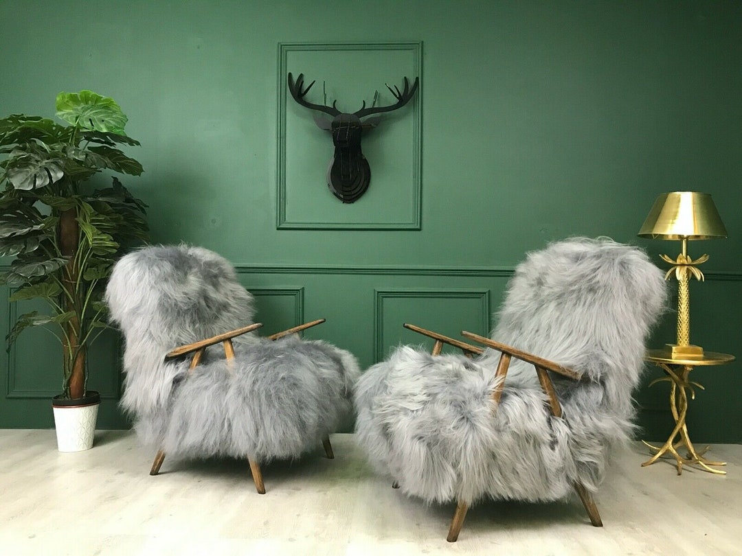 Vintage Art Deco Grey Fluffy Furry Sheepskin Bentwood Armchairs Chairs ...