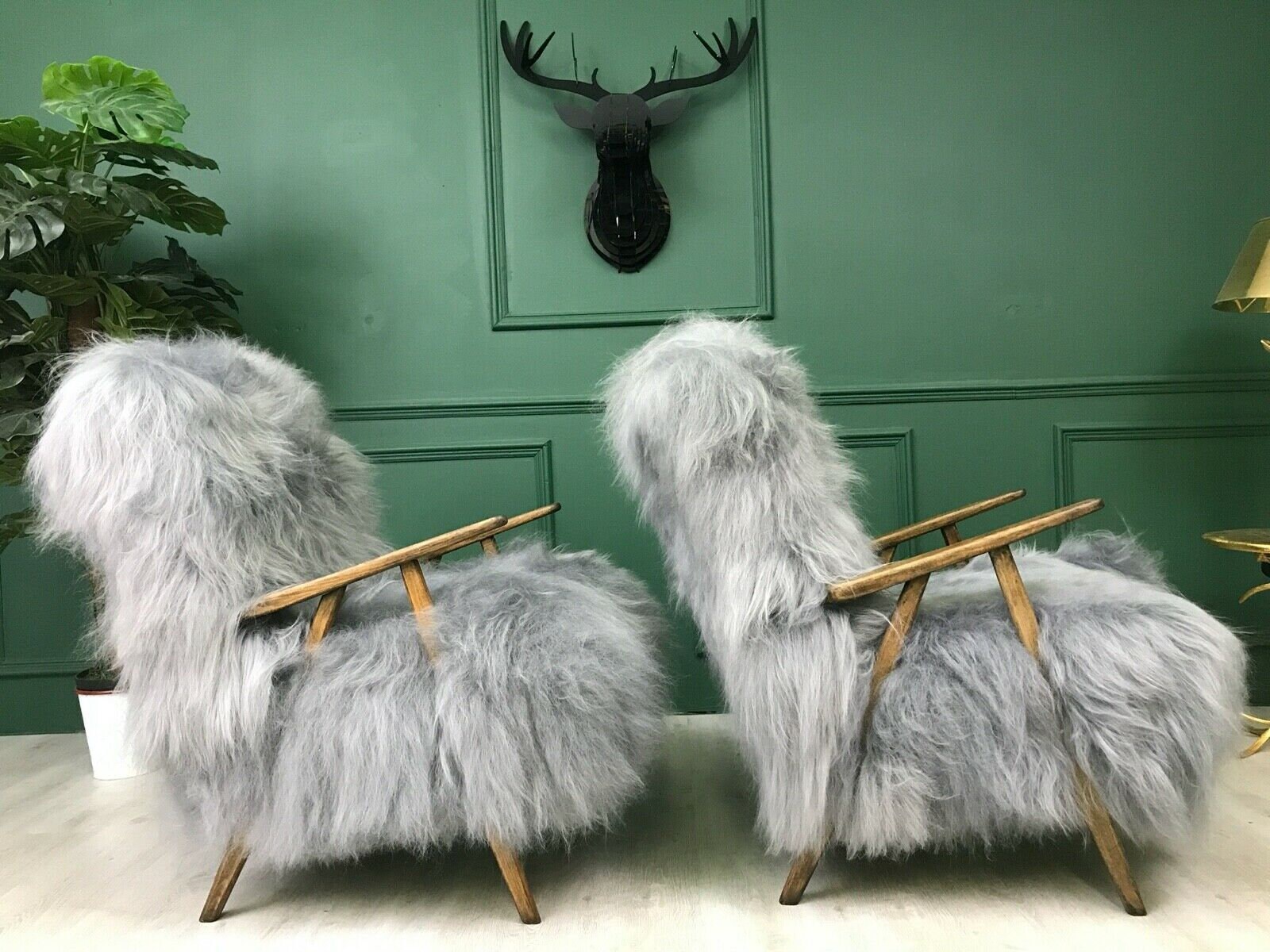 Vintage Art Deco Grey Fluffy Furry Sheepskin Bentwood Armchairs Chairs ...
