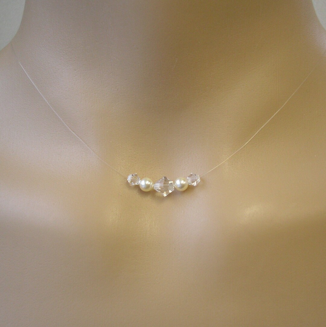 Very Dainty Pearl & Crystal Floating Illusion Necklace, Dainty Bridal ...