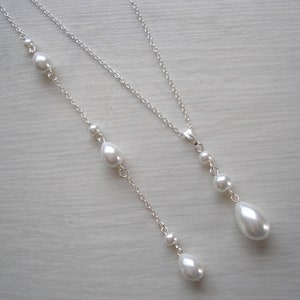 Long Drop Teardrop & Graduated Pearl Backdrop Necklace for Women Brides ...