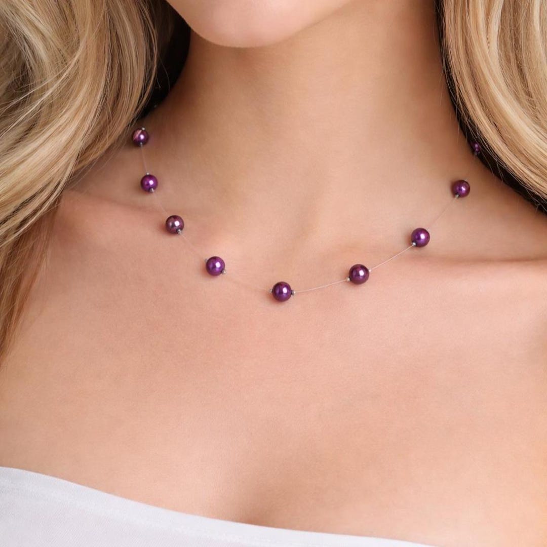 Plum Purple Floating Pearl Necklace, Dainty Pearl Choker for Women ...