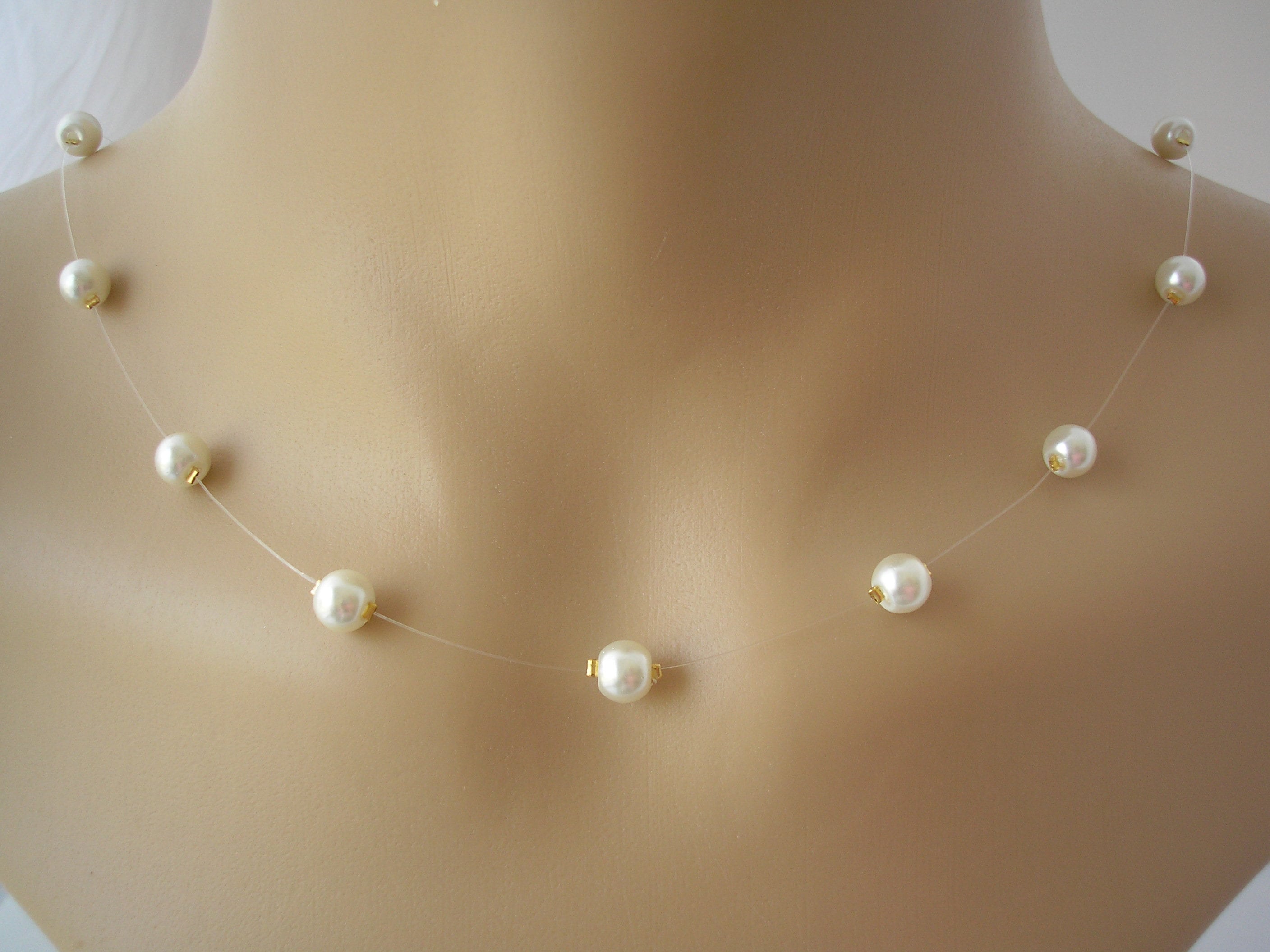 Floating Effect Necklace, Pearls on Transparent Cord Necklace With a ...