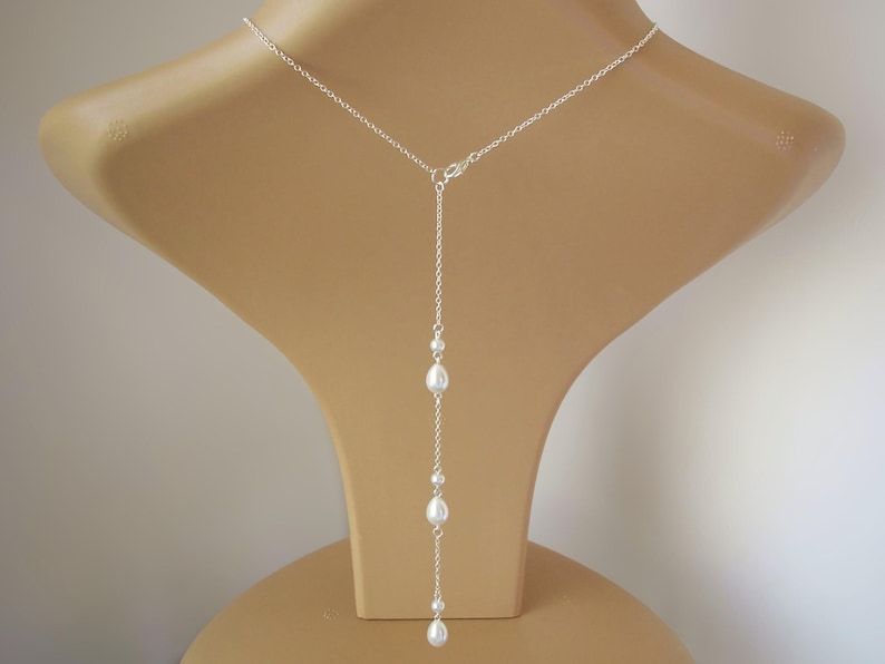 Long Drop Teardrop & Graduated Pearl Backdrop Necklace for Women Brides ...