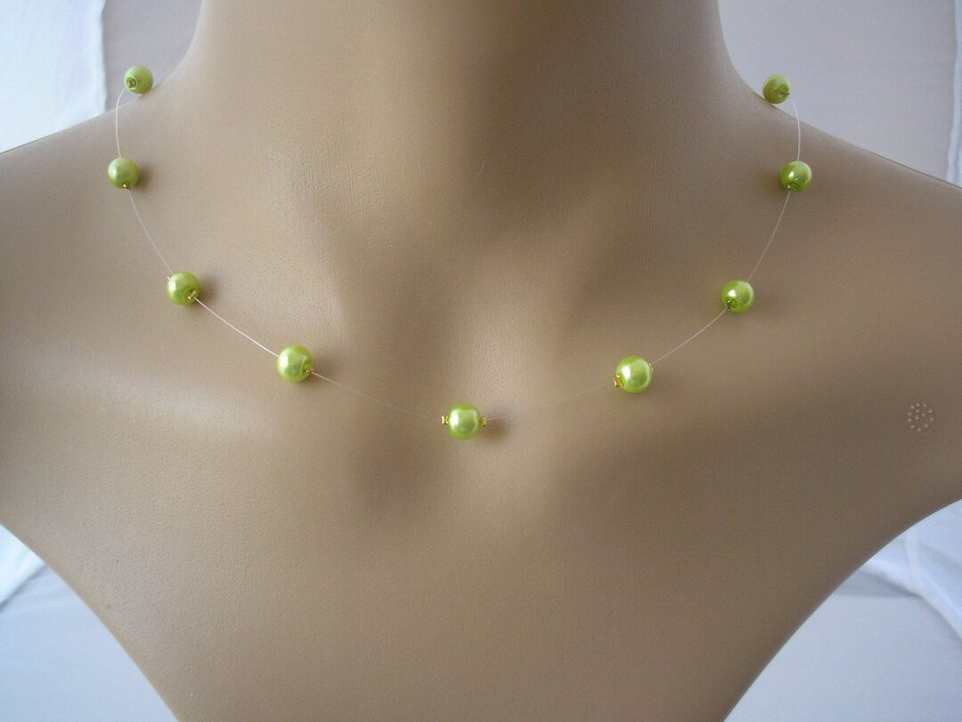 Lime Green Floating Pearl Necklace, Feminine Dainty Pearl Choker for ...
