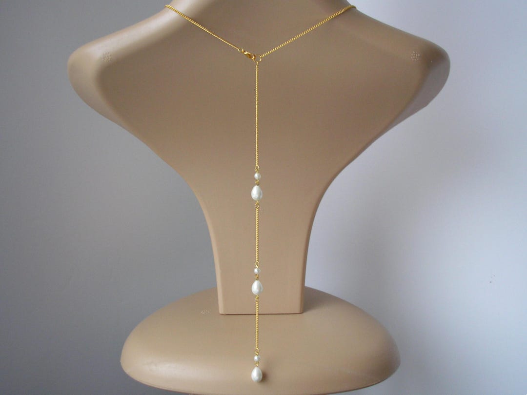 Long Drop Back Necklace, White or Ivory Pearl Backdrop Necklace for ...