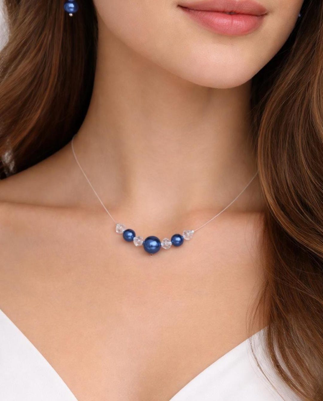 Dainty Floating Pearl and Crystal Necklace and Earrings Set for Women ...