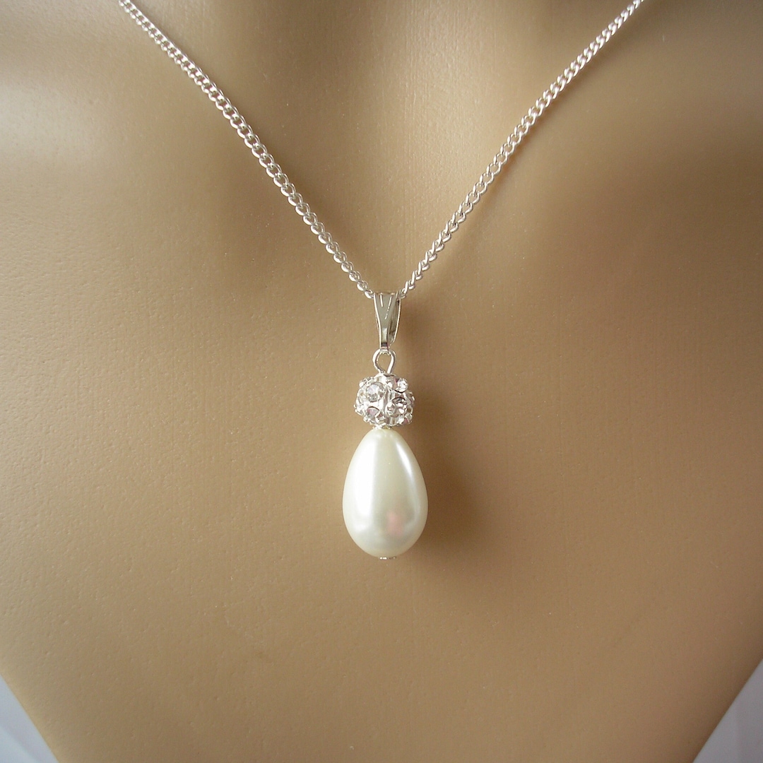 Pearl Drop Necklace, Teardrop Pearl and Pave Crystal Diamante Ball ...