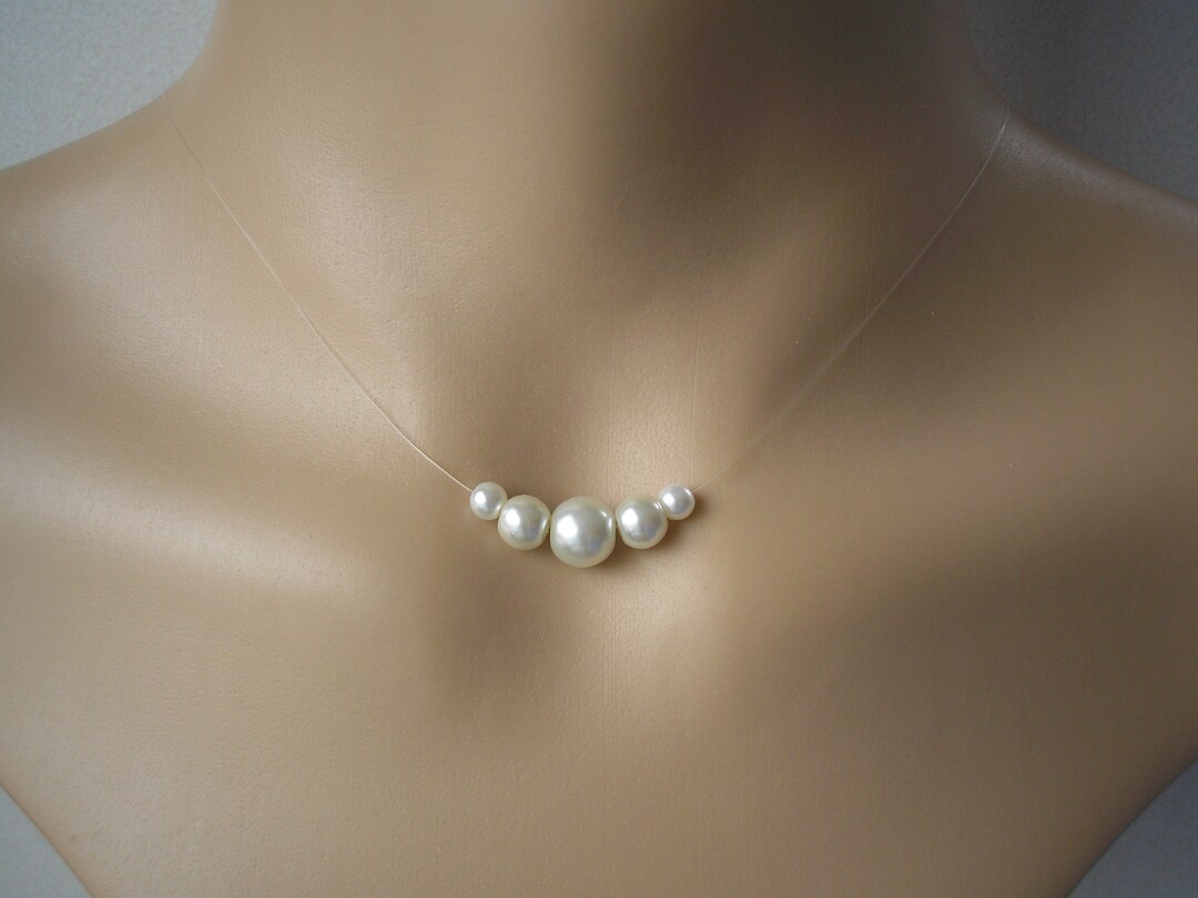 Dainty Graduated Pearl Necklace, Floating Illusion Pearls Minimalist ...