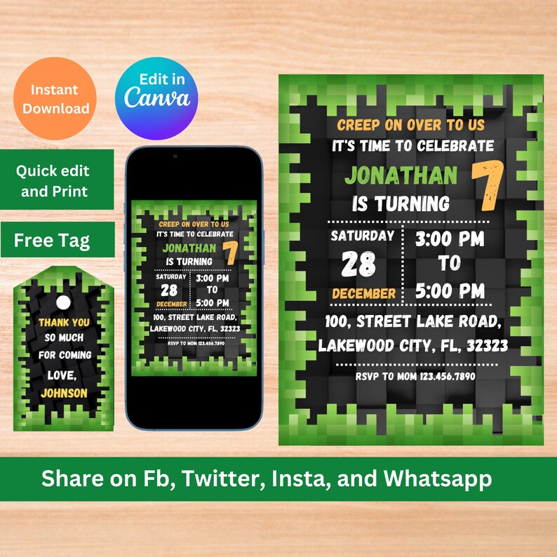 Mine Pixel Crafter Gamer Birthday Invitation Template Editable With Tag ...