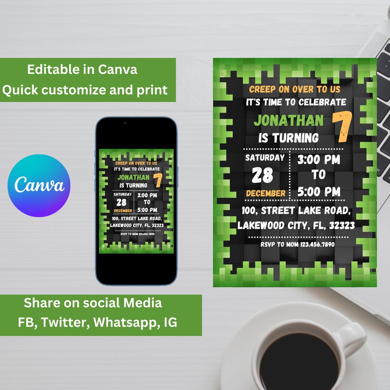 Mine Pixel Crafter Gamer Birthday Invitation Template Editable - Etsy