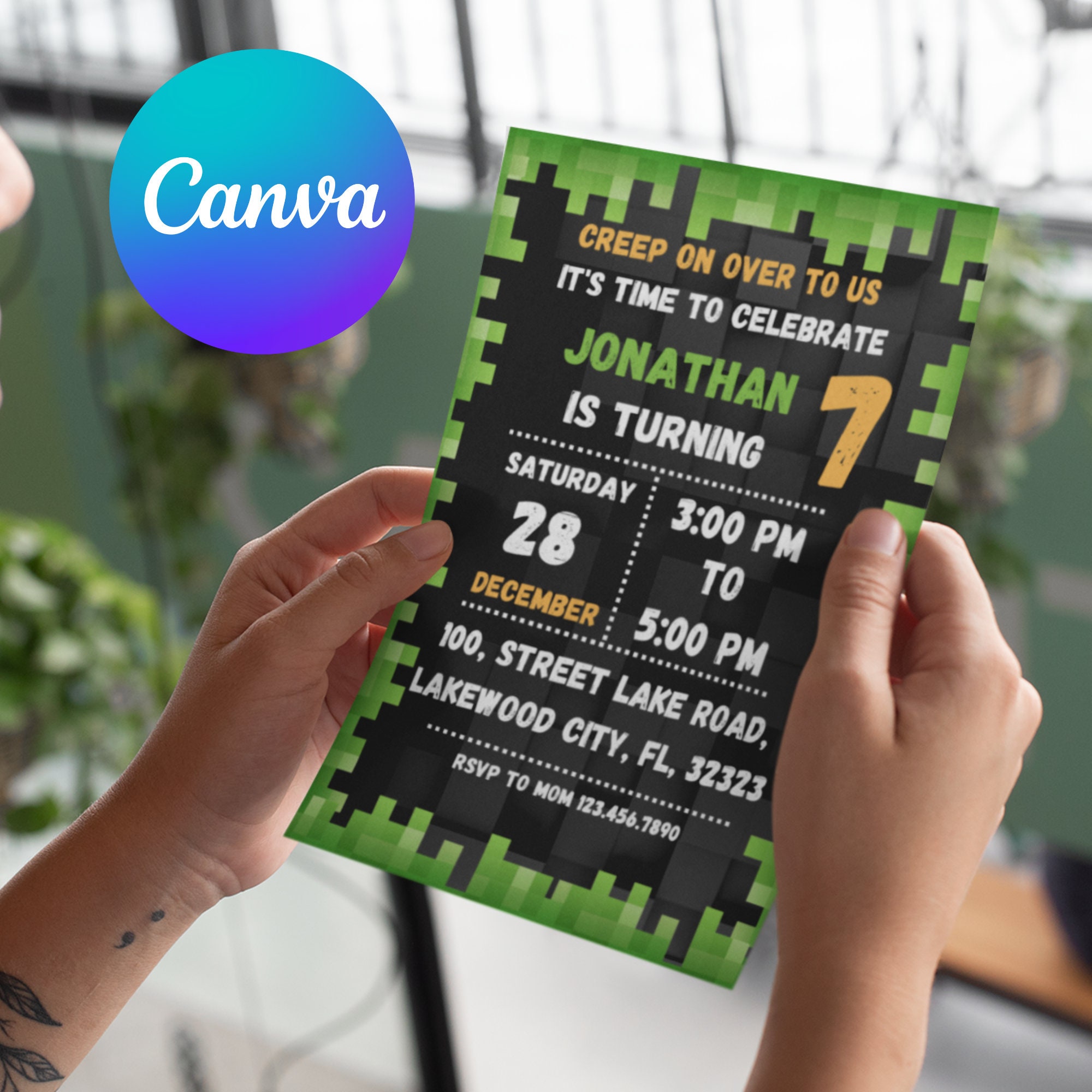 Mine Pixel Crafter Gamer Birthday Invitation Template Editable in Canva ...