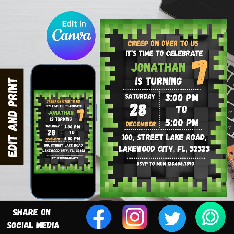Mine Pixel Crafter Gamer Birthday Invitation Template Editable in Canva ...