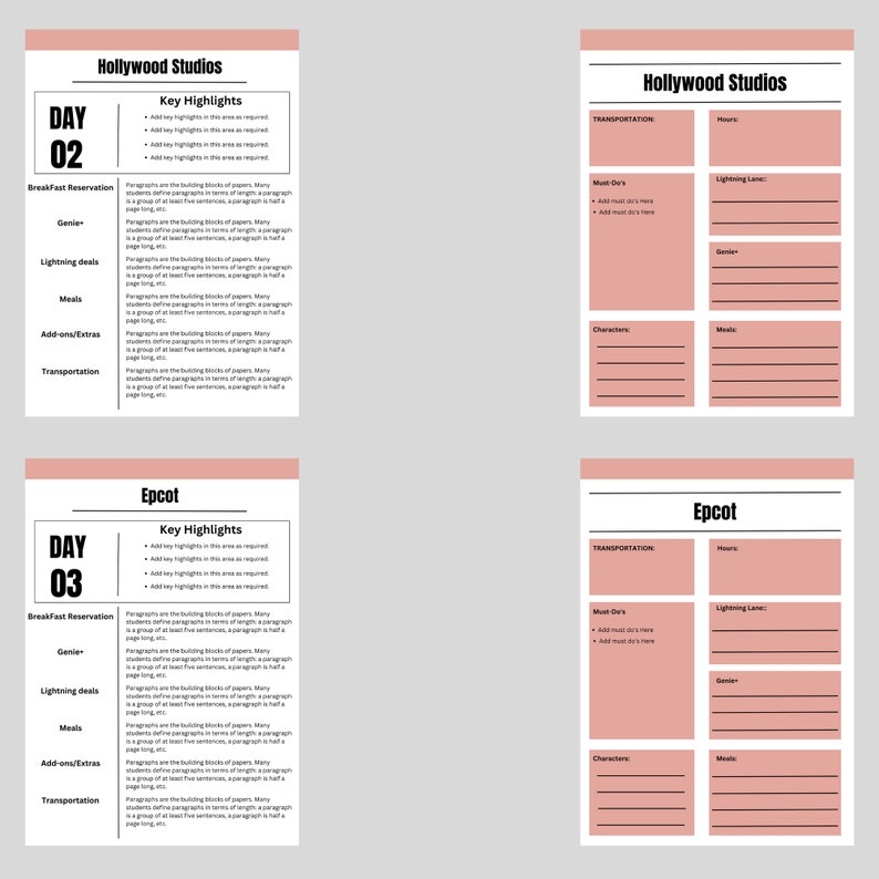 Theme Park Daily Itinerary Template, Travel Itinerary Template for ...