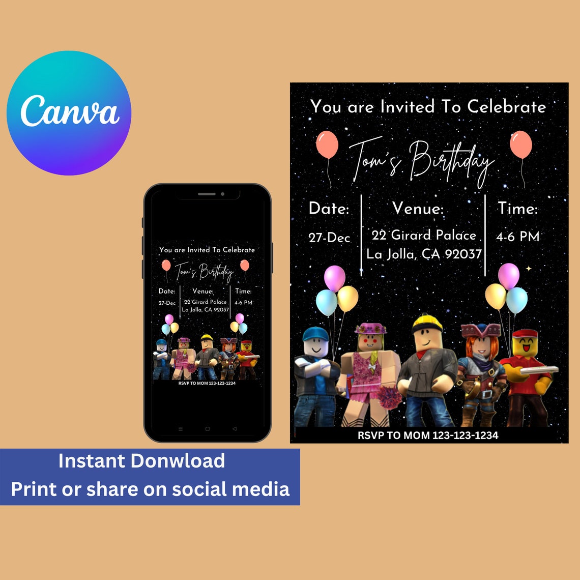 Editable Roblox Birthday Invitation Templates Canva Printable - Etsy