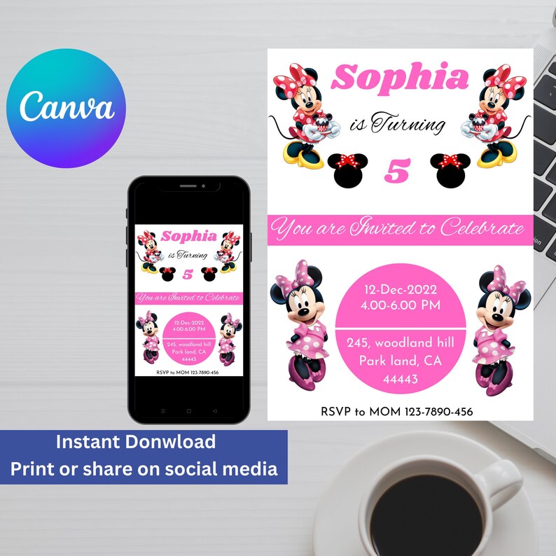 Editable Minnie Mouse Birthday Invitation Templates Canva - Etsy