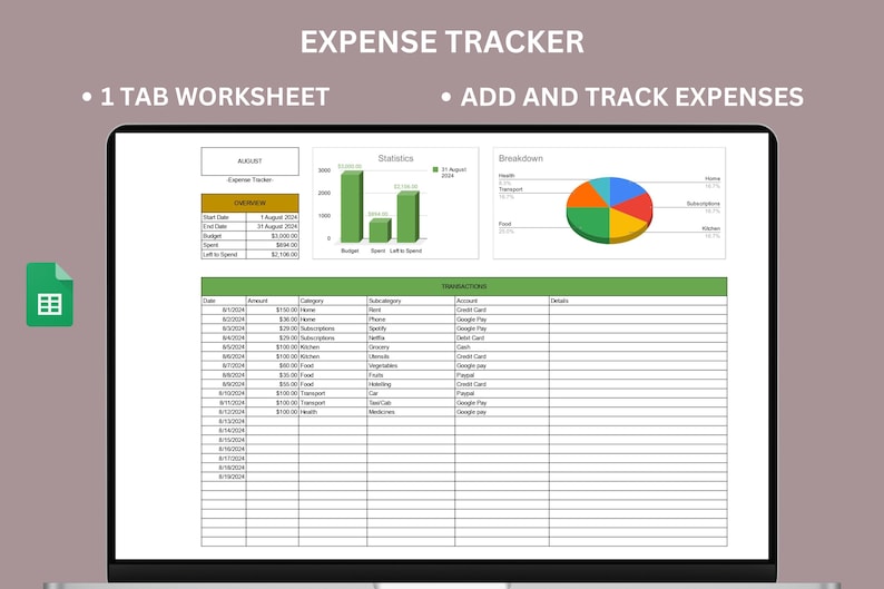 Expense Tracker Spreadsheet for Google Sheets, Expense Tracker Template ...