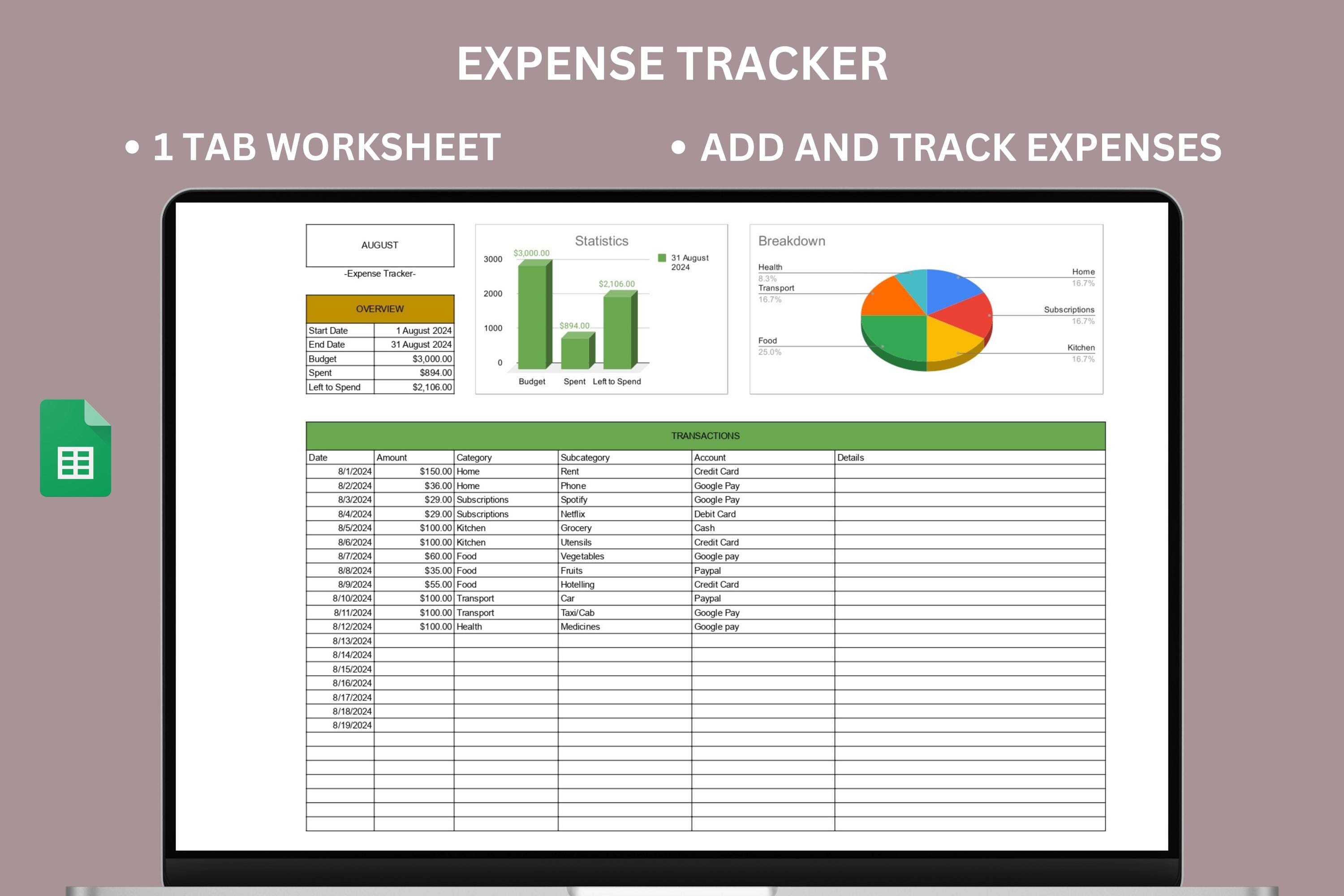 Expense Tracker Spreadsheet for Google Sheets, Expense Tracker Template ...