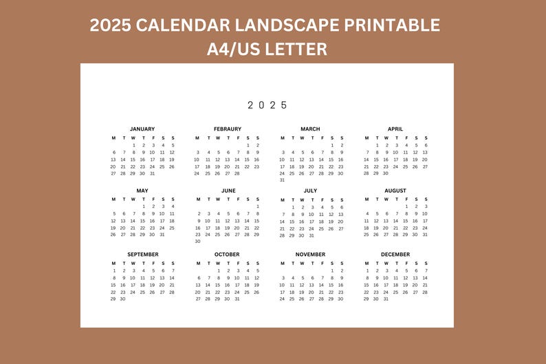 Printable Calendar 2025 Landscape Instant Download Minimalist Design ...