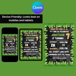 Mine Pixel Crafter Gamer Birthday Invitation Template Editable in Canva ...