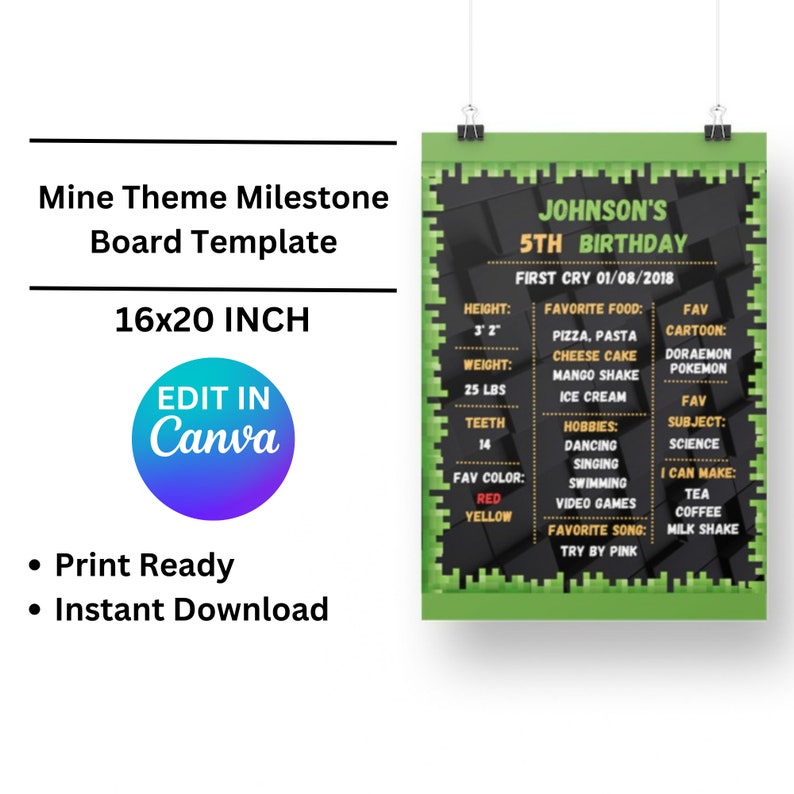 Mine Theme Birthday Milestone Board: Editable Canva Template (digital ...