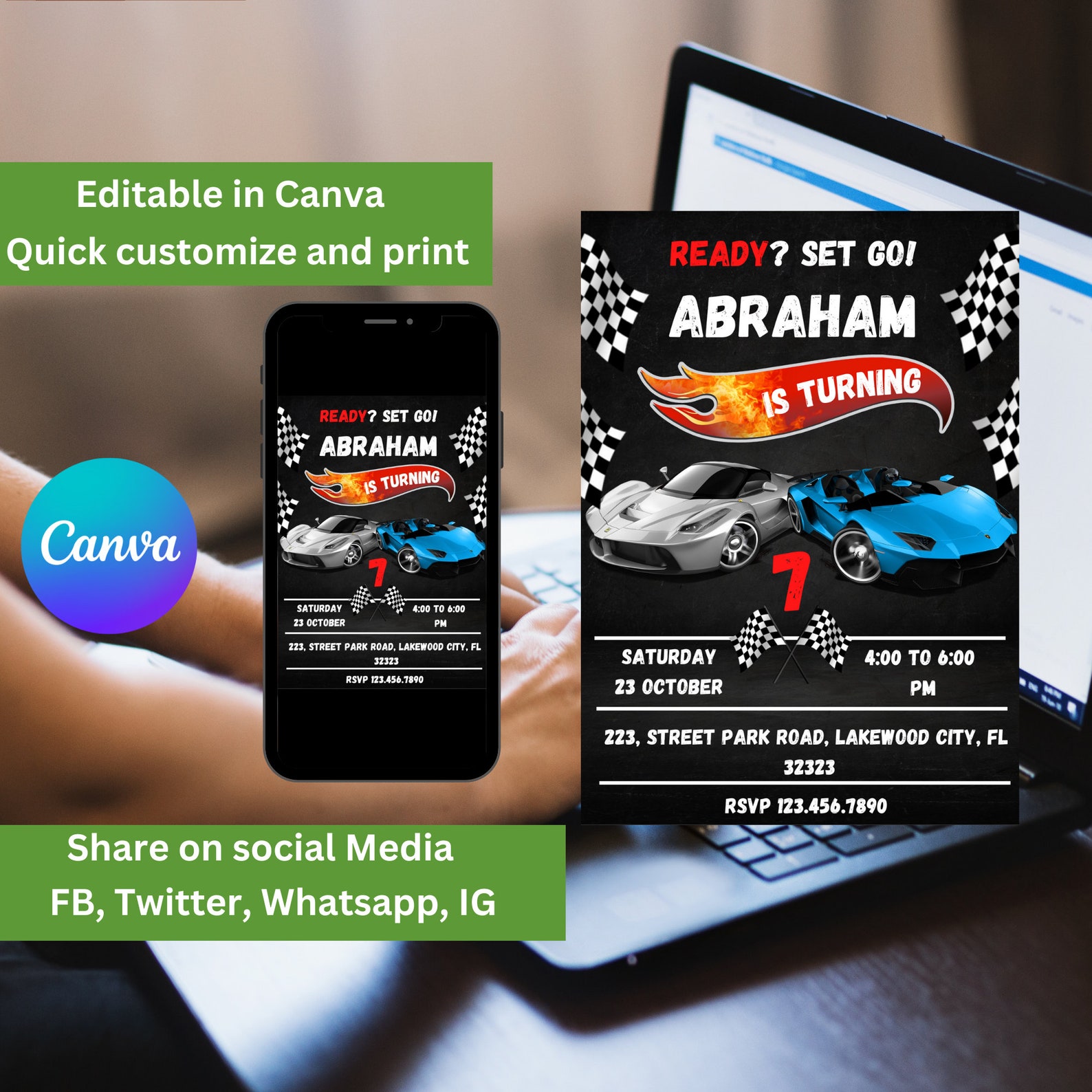Editable Hot Car and Wheels Birthday Invitation Template Printable ...
