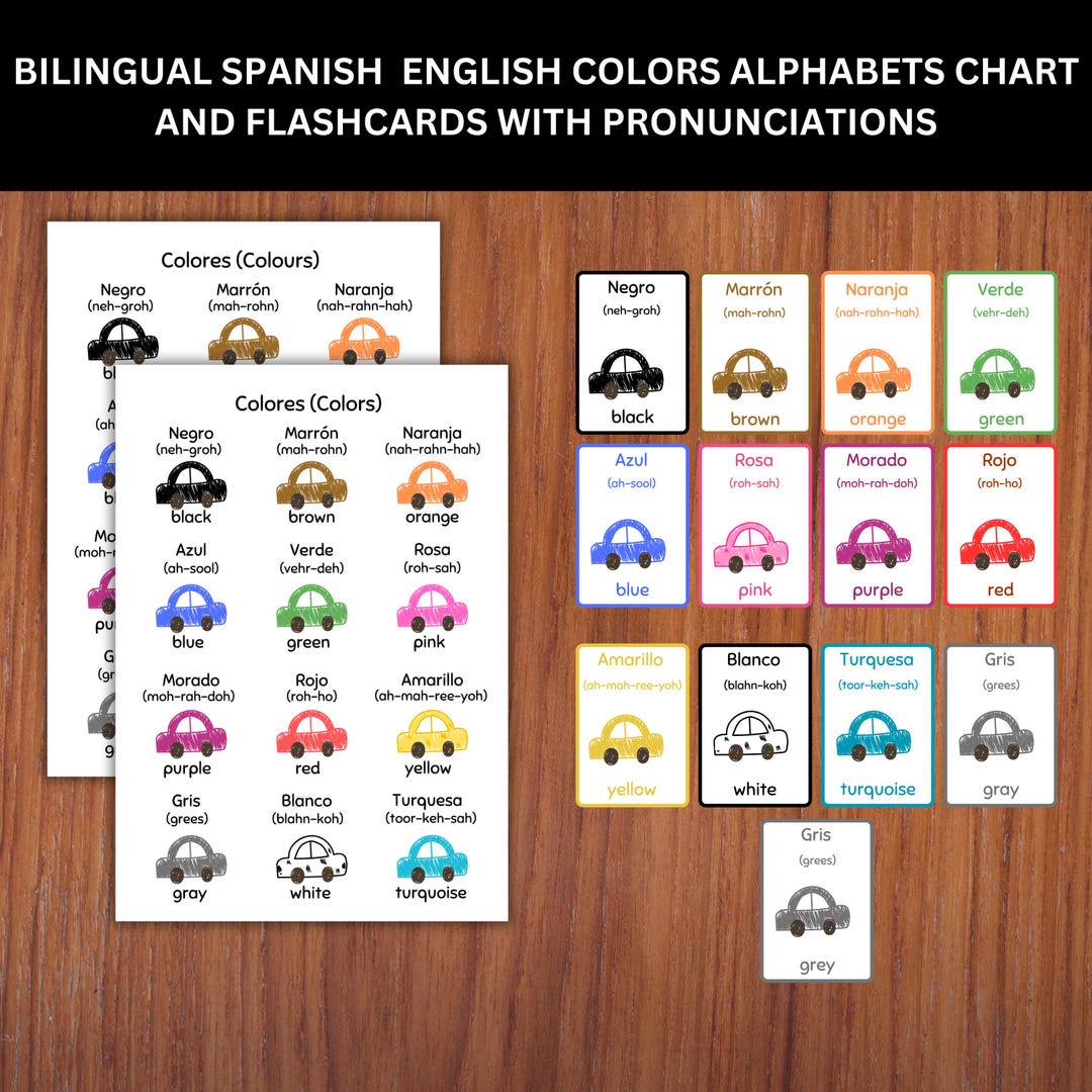 Bilingual Spanish Colors Chart Poster and Flashcards Bundle Set With ...