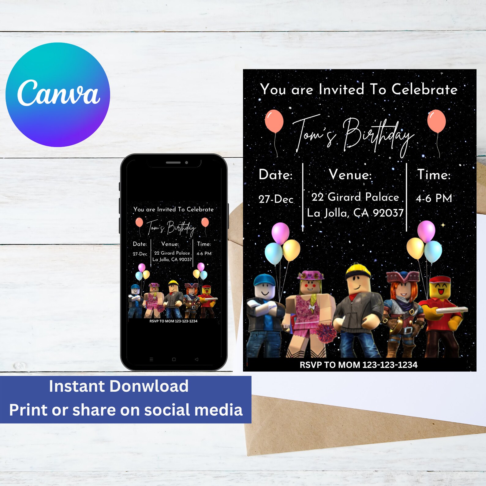 Editable Roblox Birthday Invitation Templates Canva Printable - Etsy