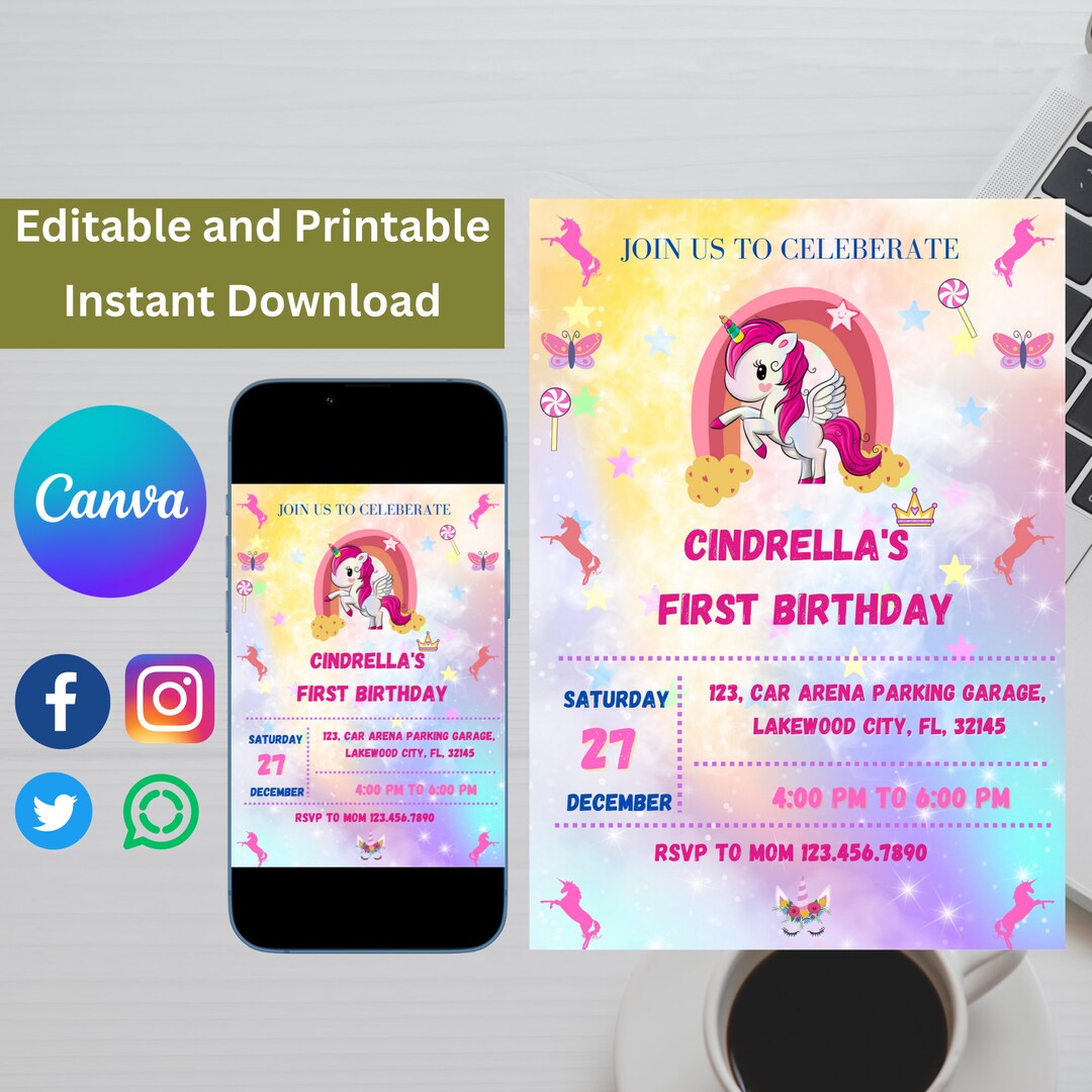 Editable Unicorn Birthday Invitation Template Printable Canva - Etsy