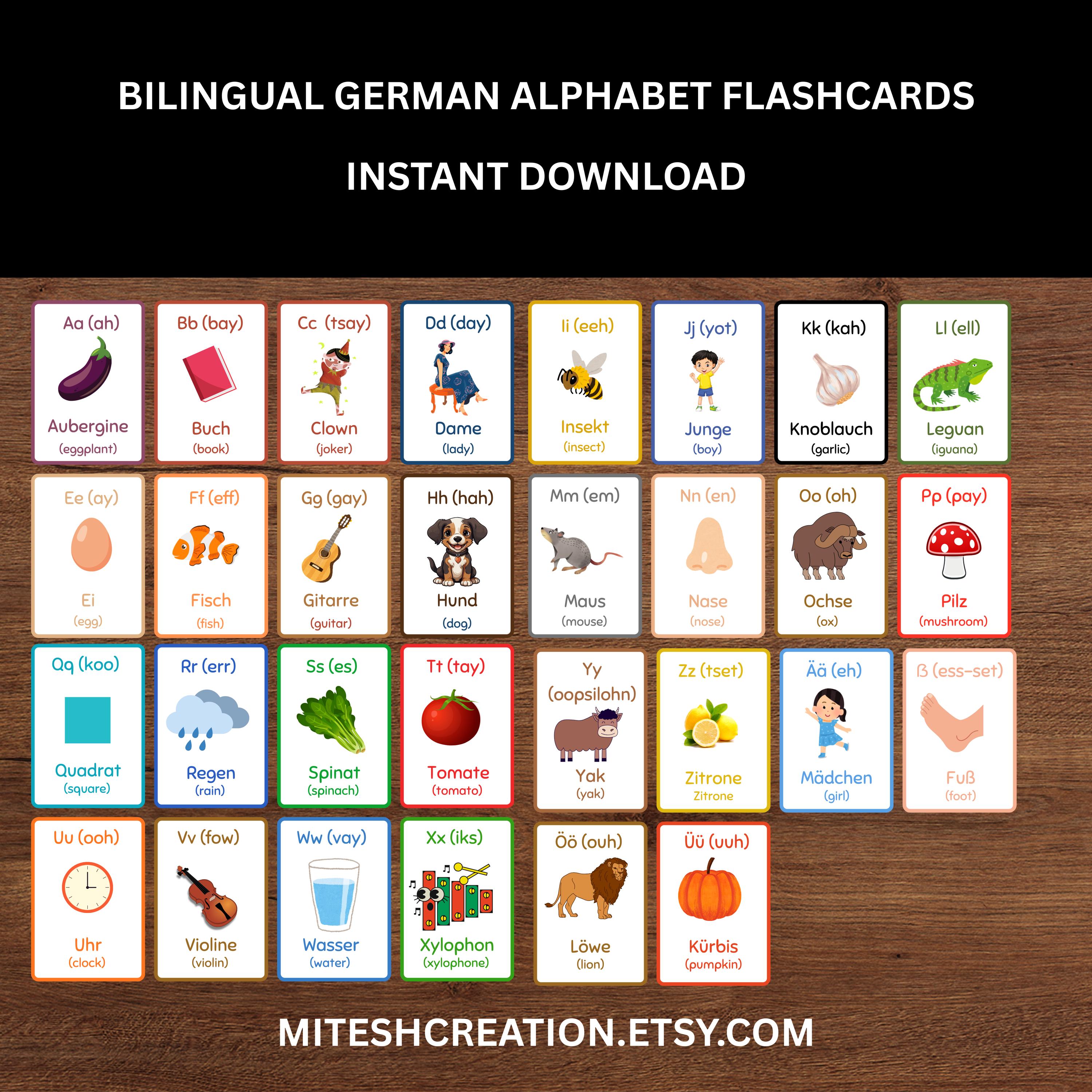 Bilingual German English Alphabet Flashcards Set | Instant Download ...